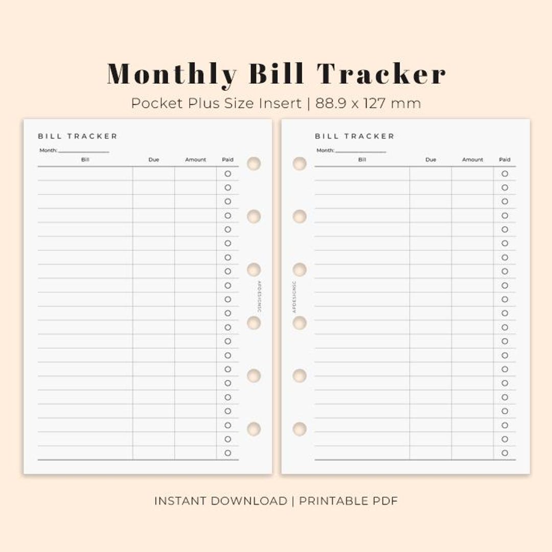 Bill Tracker Monthly Pocket Plus Printable, Planner Insert for Pocket ...