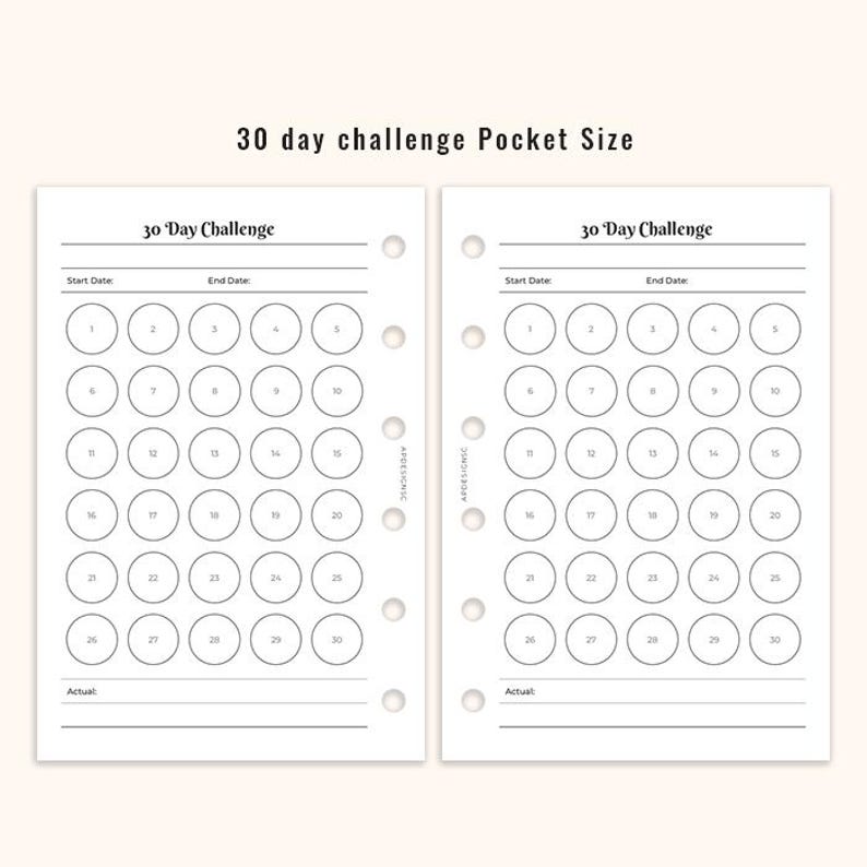 30 Day Challenge Pocket Size, Printable Insert 30 Days Tracker for ...