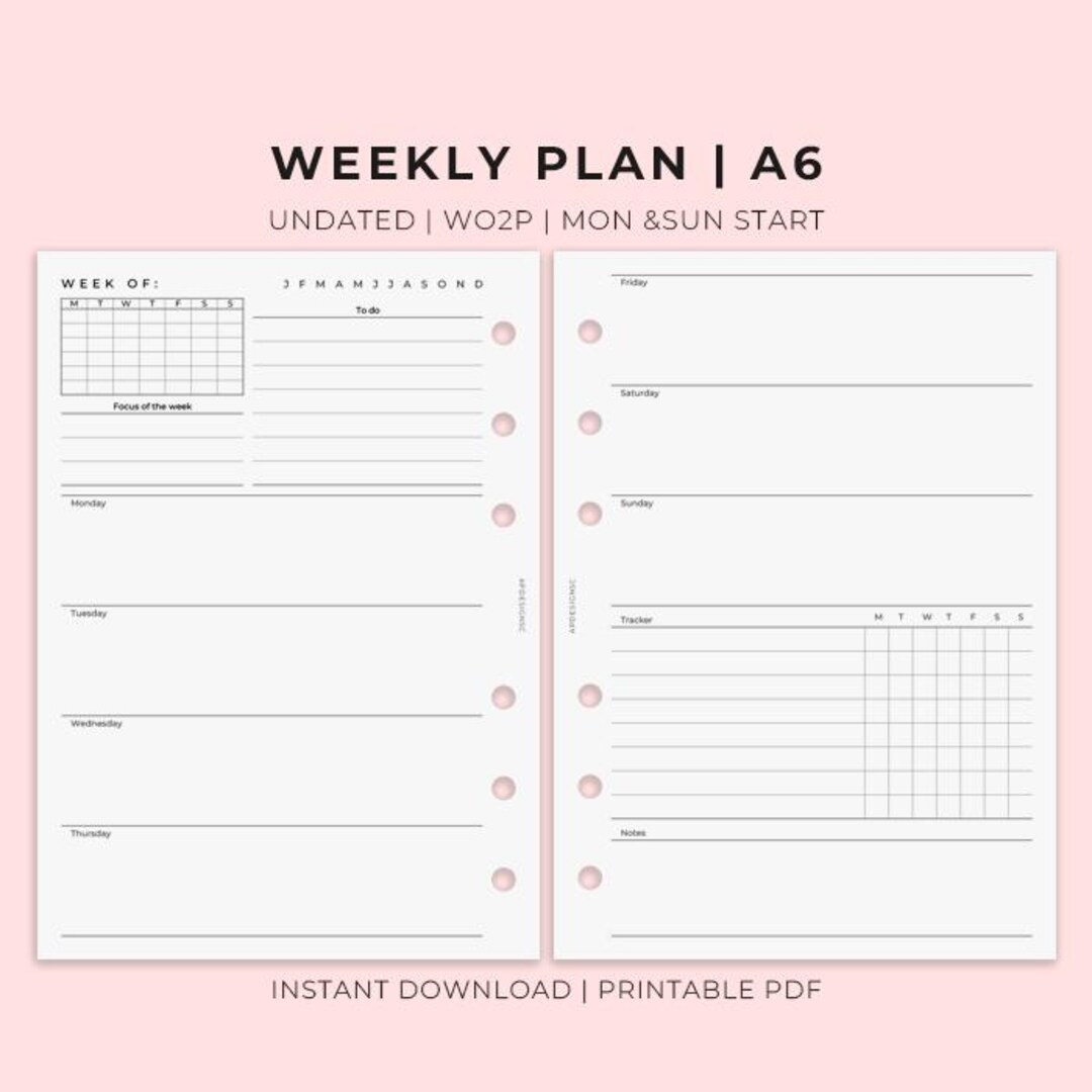 Weekly Plan Insert for A6, Printable Planner Insert, WO2P Undated Printable Insert, A6 Printable ...