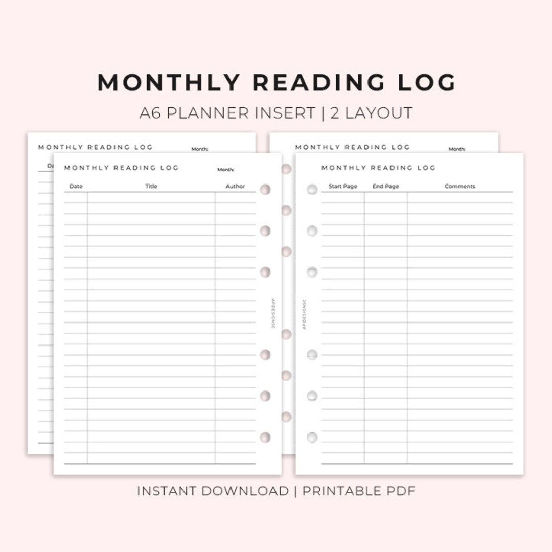 Monthly Reading Log A6 Printable, Planner Insert for A6, Printable ...