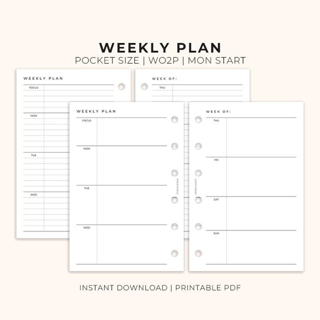 Weekly Plan Insert Pocket Size Printable, WO2P Mon Start Planner Insert ...