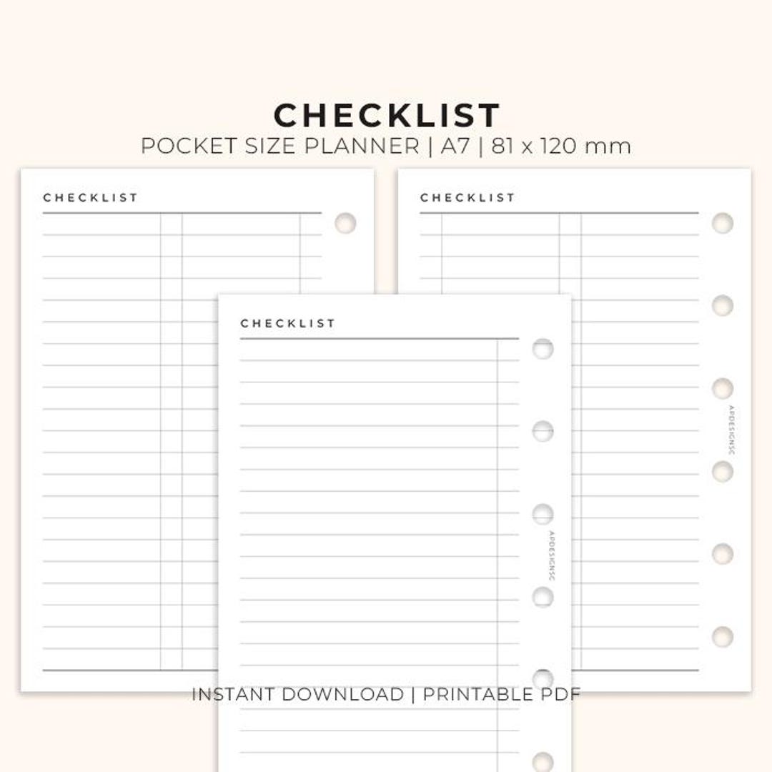 Checklist Insert Pocket Size Printable, Planner Insert for Pocket Size ...
