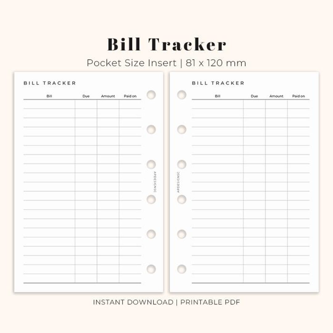 Bill Tracker Insert Pocket Size, Monthly Bill Tracker Planner Insert ...
