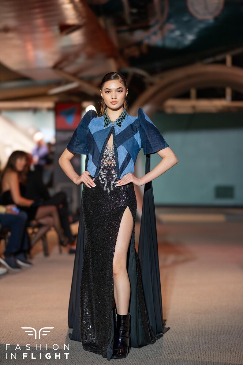 Denim Filipiniana Bolero With Emerald Green & Black Rhinestones - Etsy