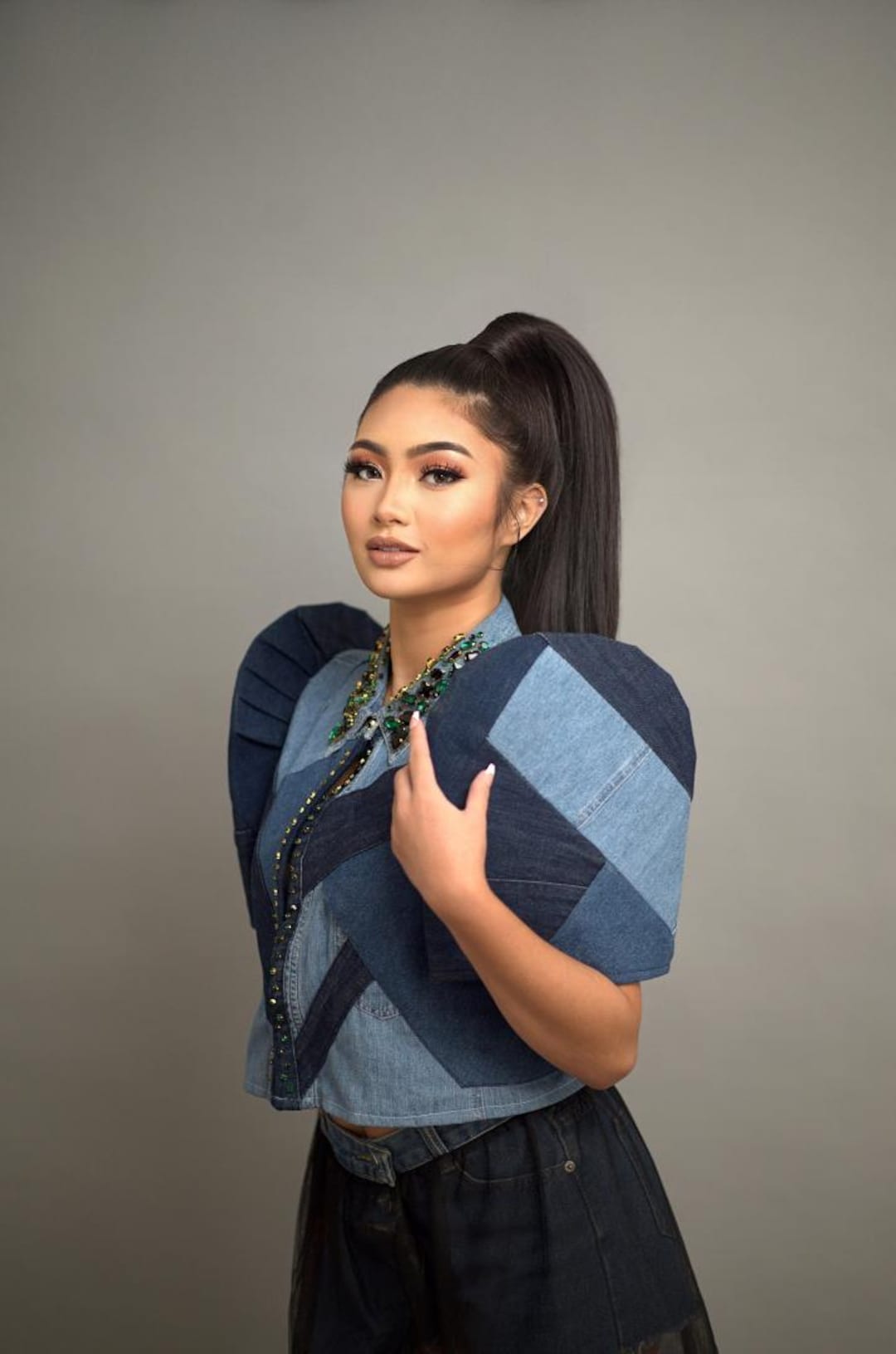 Denim Filipiniana Bolero With Emerald Green & Black Rhinestones - Etsy