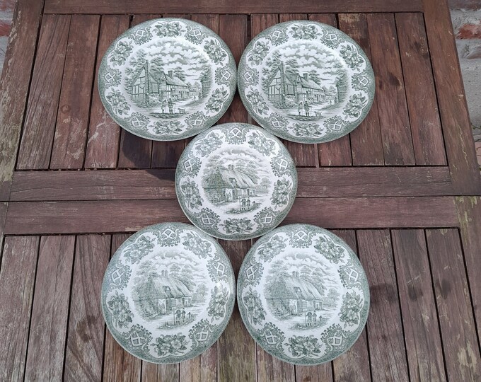 Vintage English Ironstone Tableware Green Transferware Plates Set of 5 ...