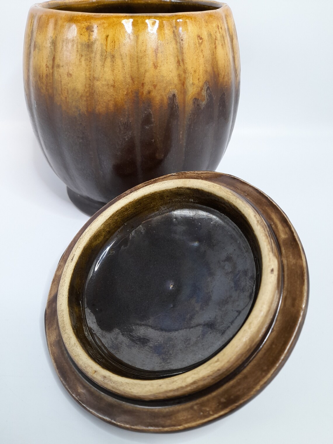 Vintage Ceramic Majolica Humidor Tobacco Pot With With Brown Yellow ...