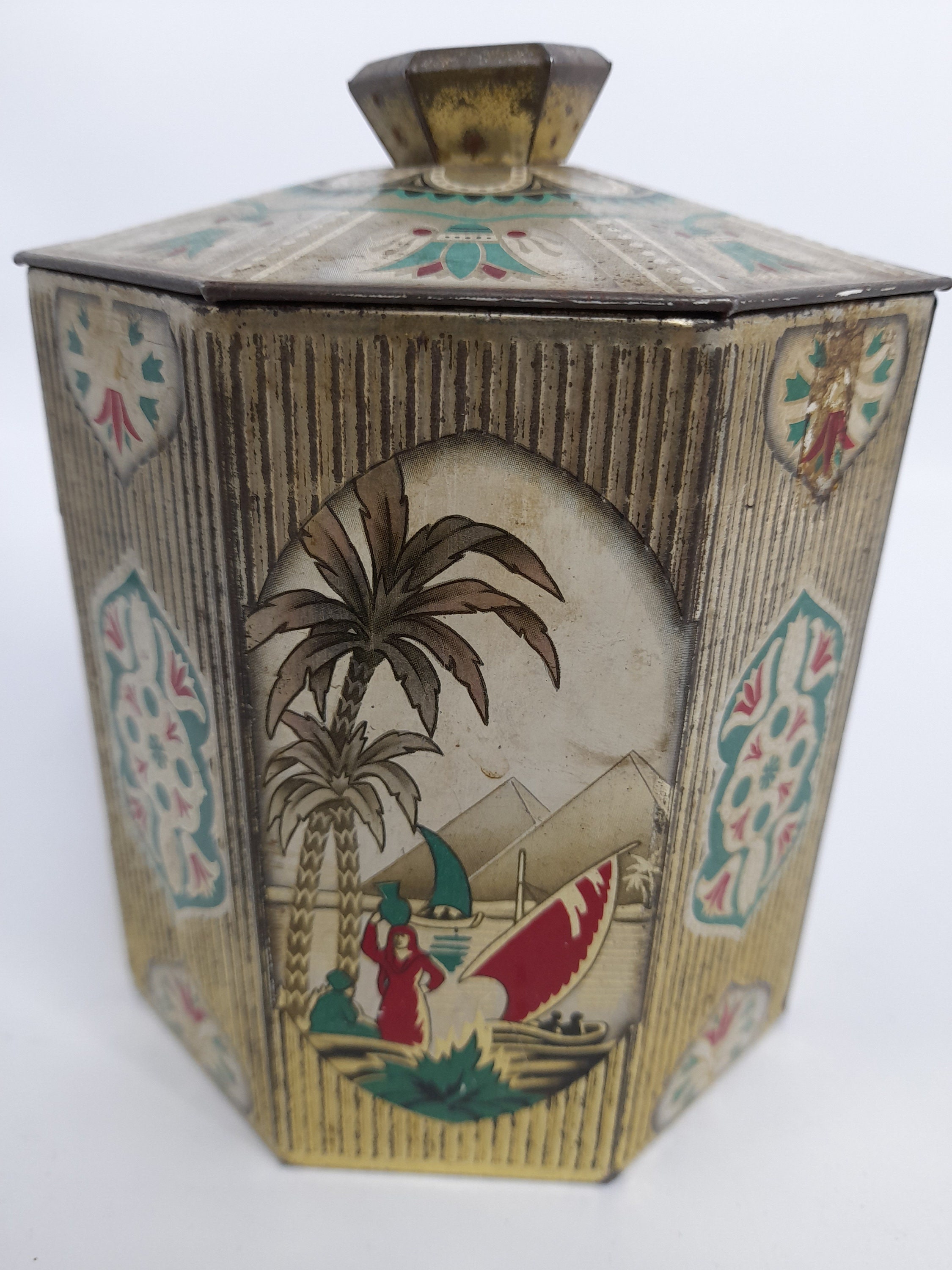 Vintage Tin Container Egyptian Scènes Tin Can Pyramids Sphinx Giza ...