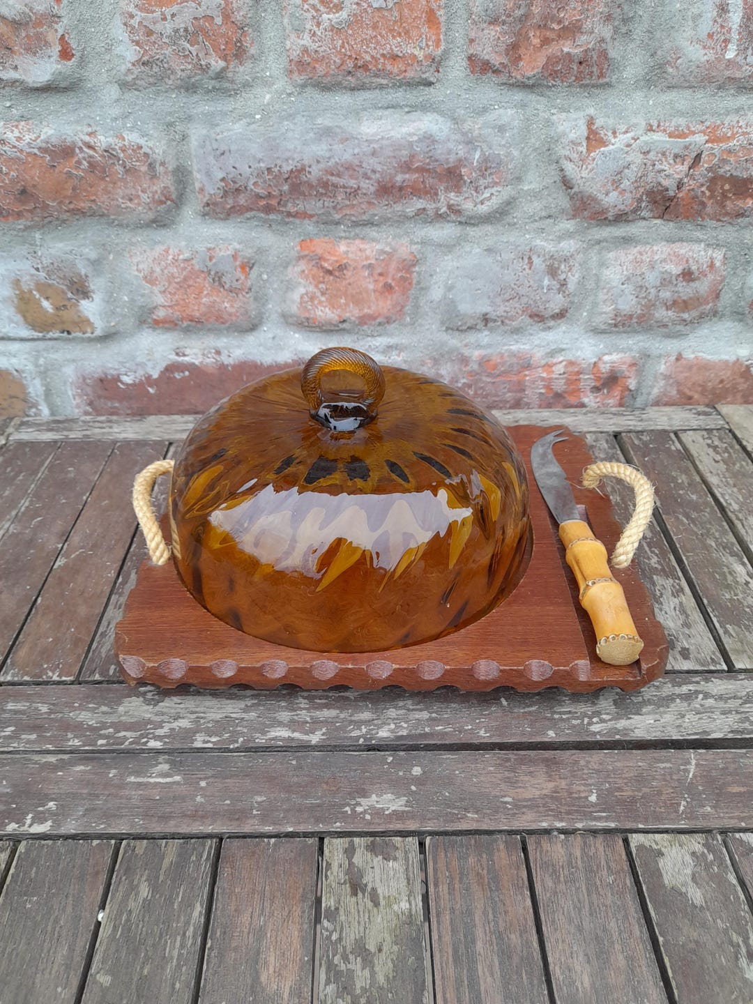 Vintage Wood Cheese Plate With Glass Dome Bamboo Cheese Knife ...