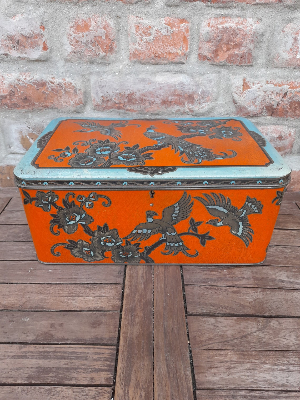 Vintage Art Nouveau Belgian Tin Box With Peacocks Orange and Blue ...