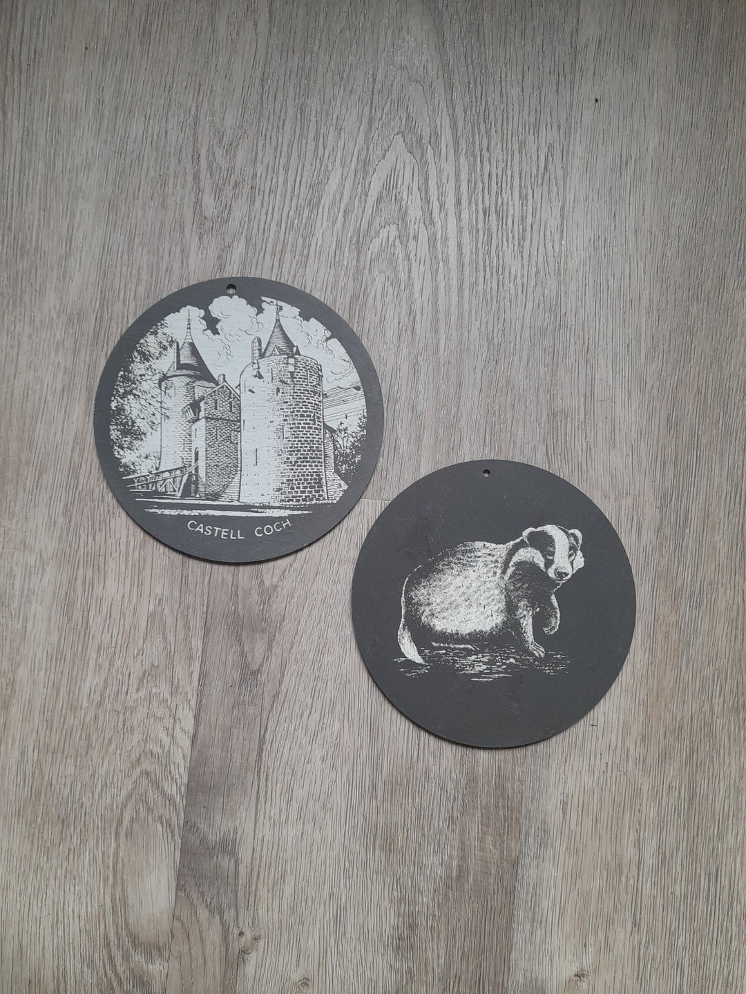 Set of 2 Welsh Slate Wall Decorations Badger and Castell Coch ...