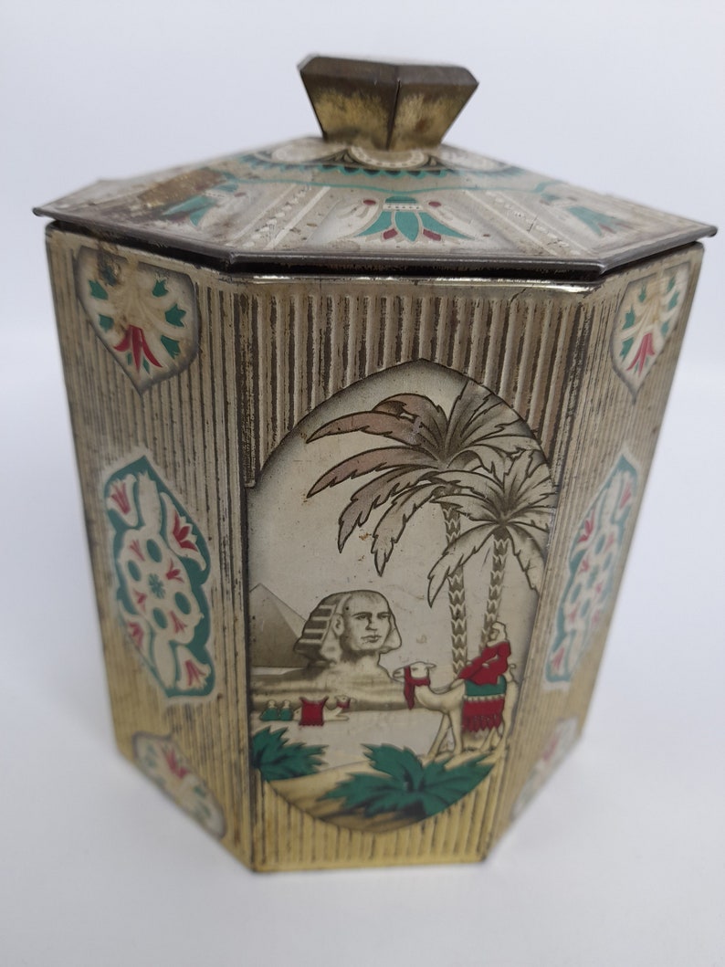 Vintage Tin Container Egyptian Scènes Tin Can Pyramids Sphinx Giza ...