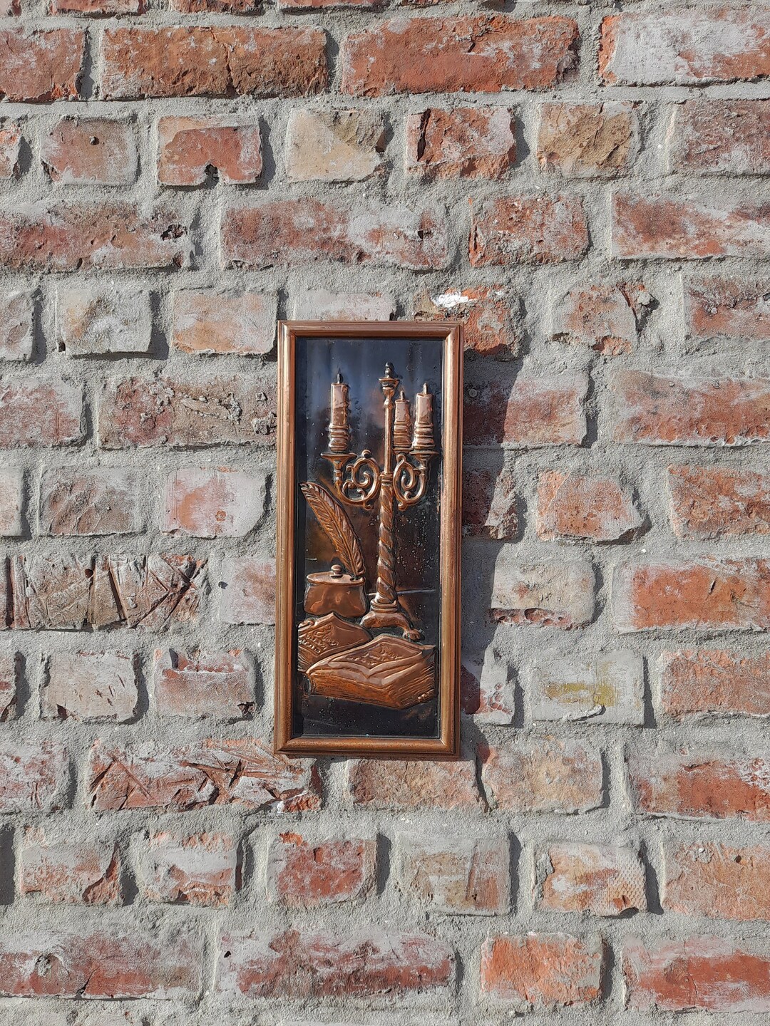 Vintage Copper Dutch Wall Hanging Plaque With Feather Pen and Candles ...