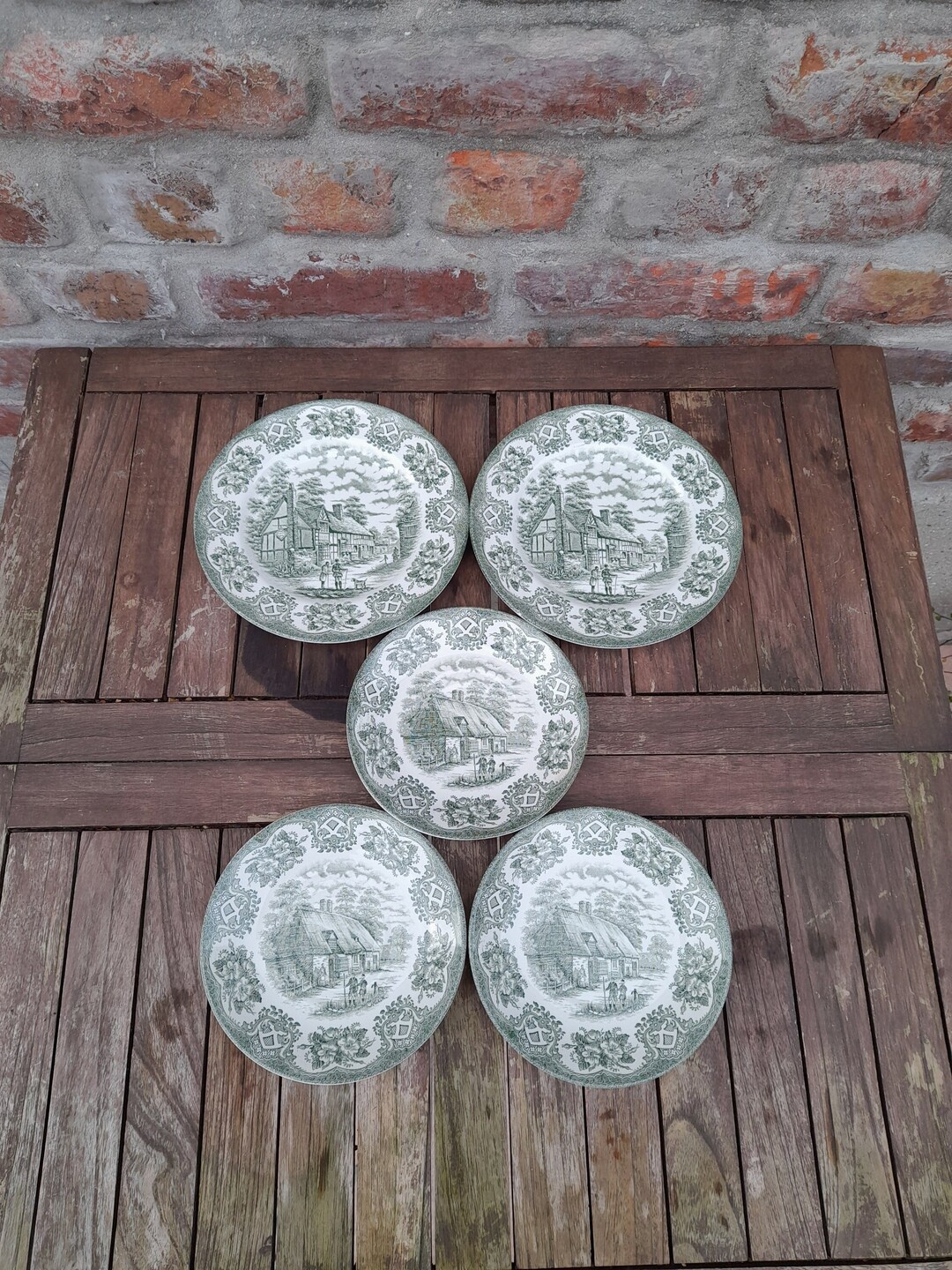 Vintage English Ironstone Tableware Green Transferware Plates Set of 5 ...
