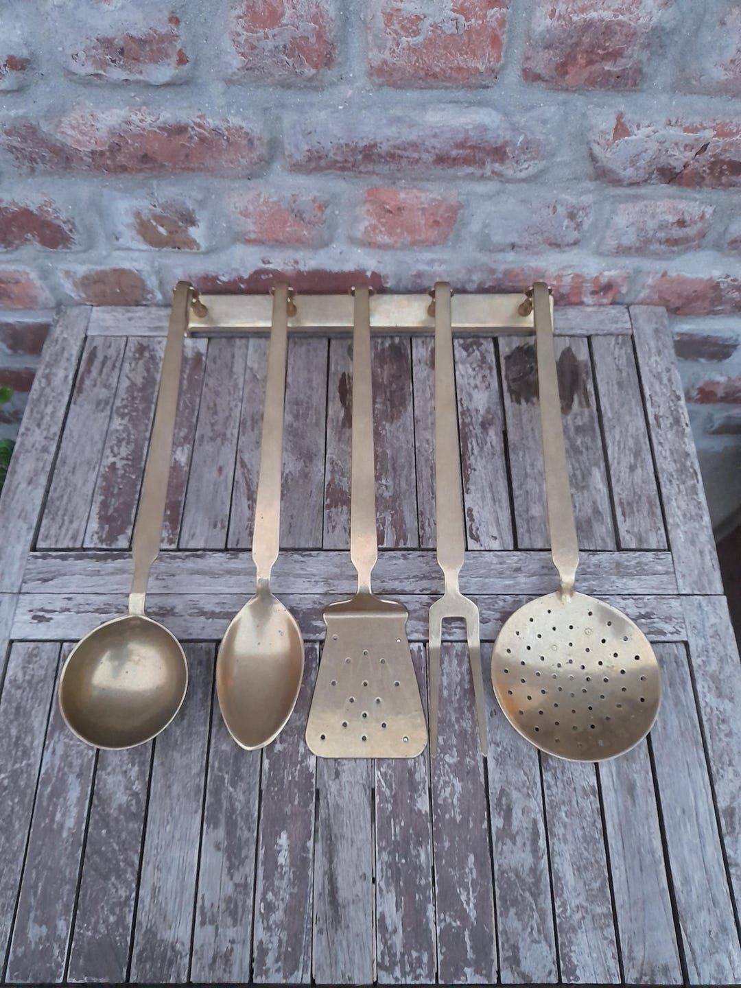Vintage Brass Kitchen Utensil Set With Rack Set of 5 Large Spatula ...