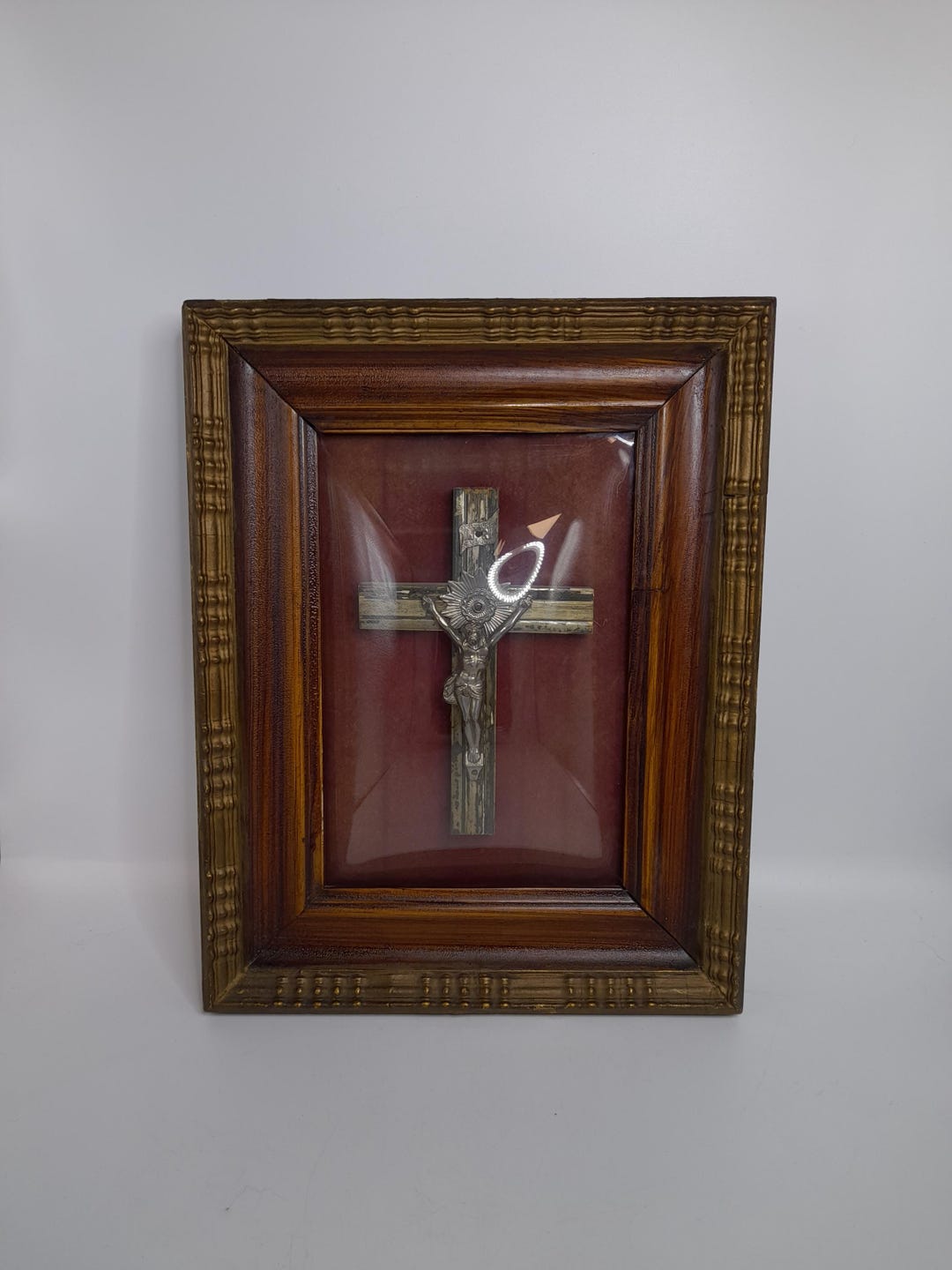 Antique Religious Crucifix Behind Convex Rectangular Glass Dome Hand ...