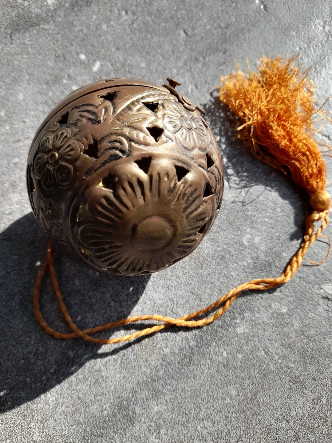 Vintage Brass Potpourri Ball With Flowers and Tassel, Retro Metal ...