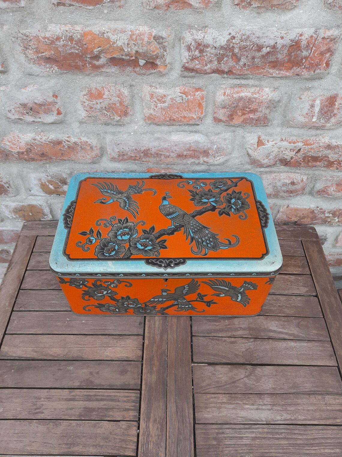 Vintage Art Nouveau Belgian Tin Box With Peacocks Orange and Blue ...
