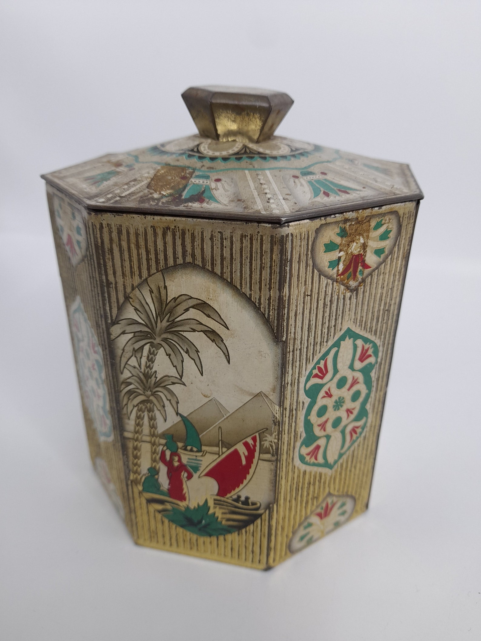 Vintage Tin Container Egyptian Scènes Tin Can Pyramids Sphinx Giza ...