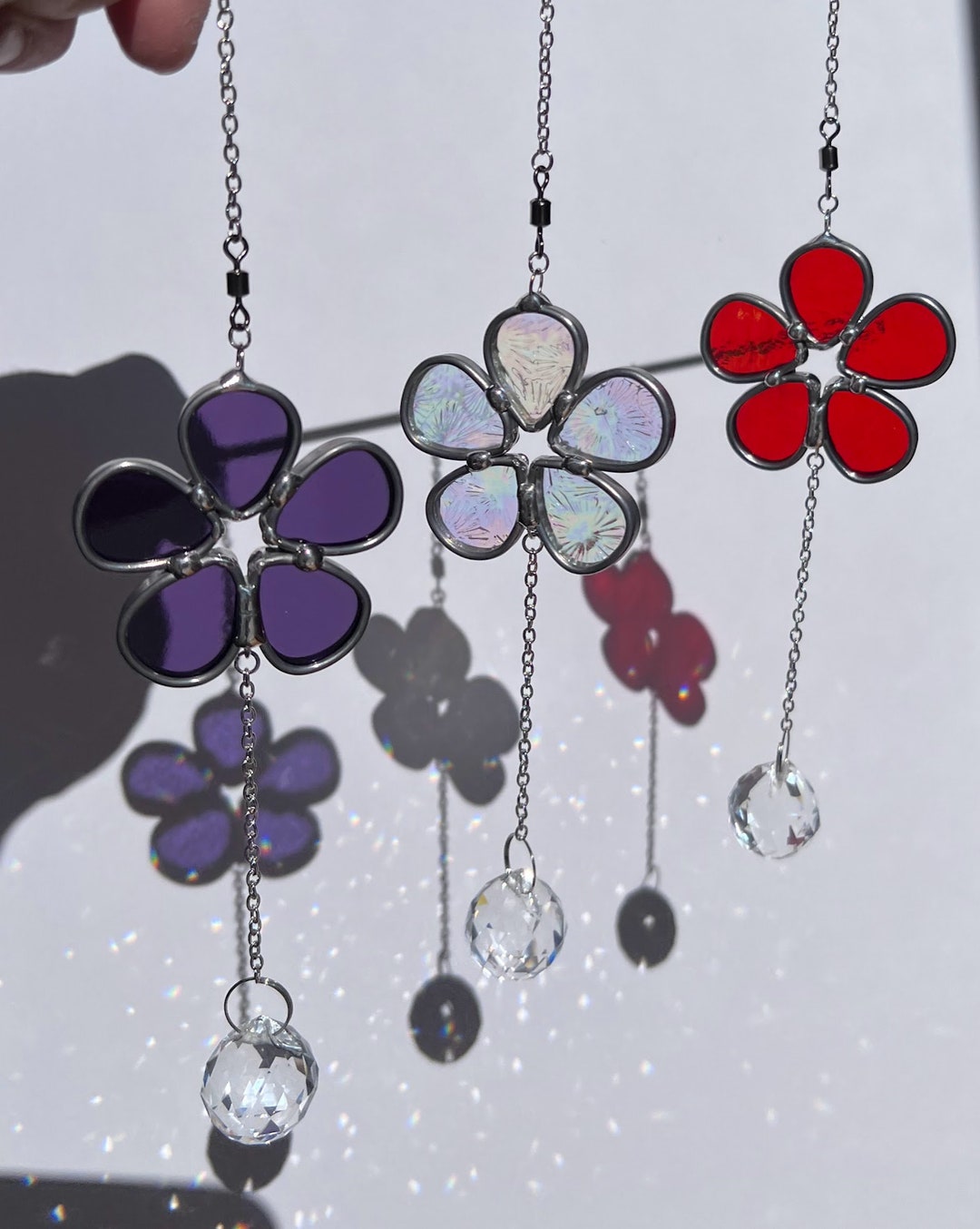 Stained Glass Daisy Suncatcher With Rainbow Making Crystal Choose Between Purple, Iridescent ...