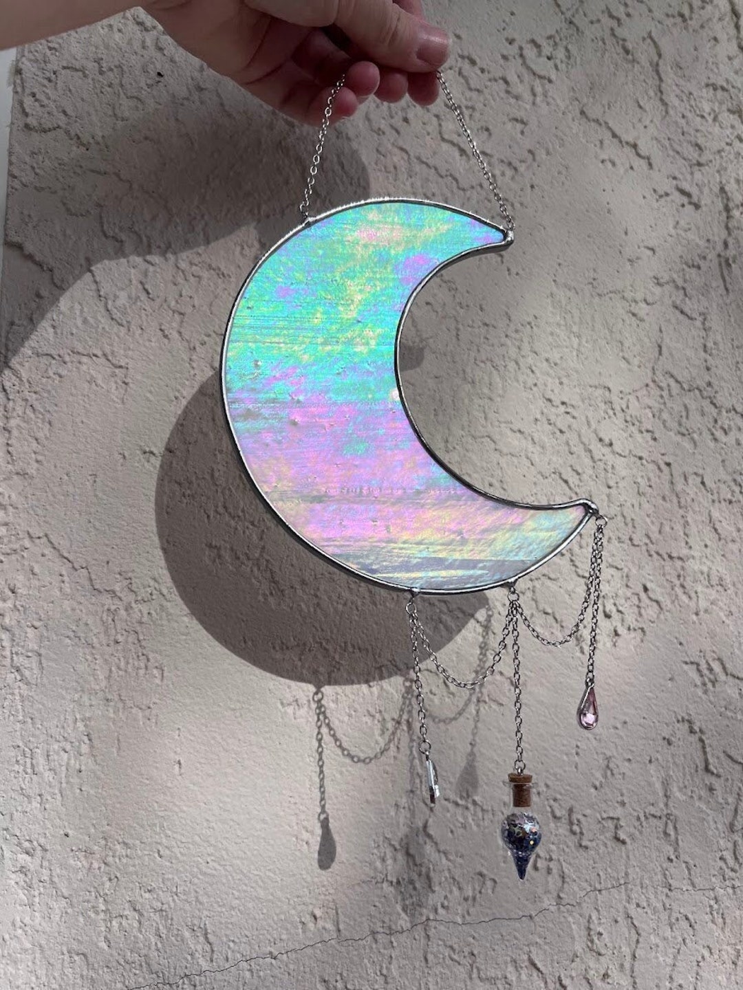 Iridescent Pearly White Stained Glass Hanging Moon With Sparkly Vial ...