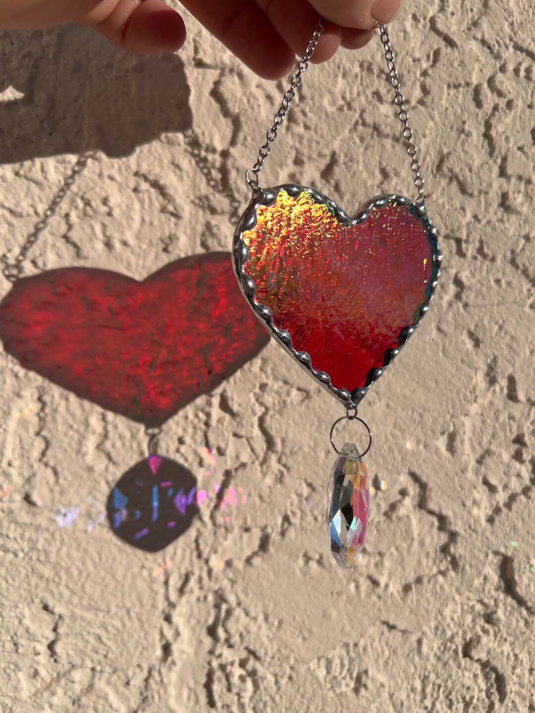 Stained Glass Rainbow Iridescent Ruby Red Heart Suncatcher With Rainbow ...