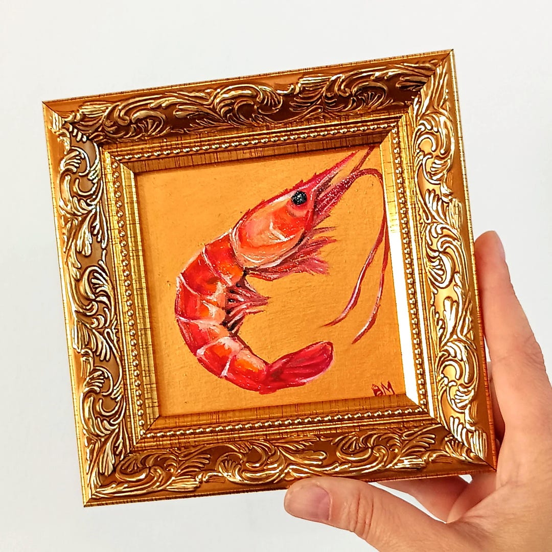 Miniature Oil Painting of a Shrimp on Gold Background – 10x10 Cm ...