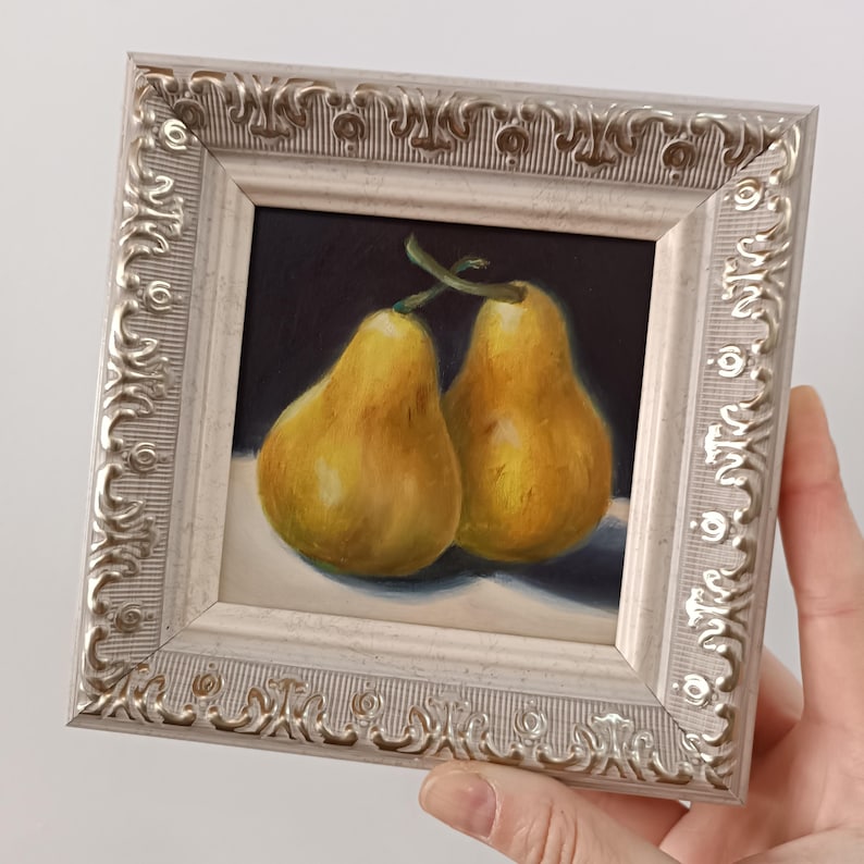 Framed Pears Oil Painting: Miniature Still Life Art (4x4 Inches) Pears ...