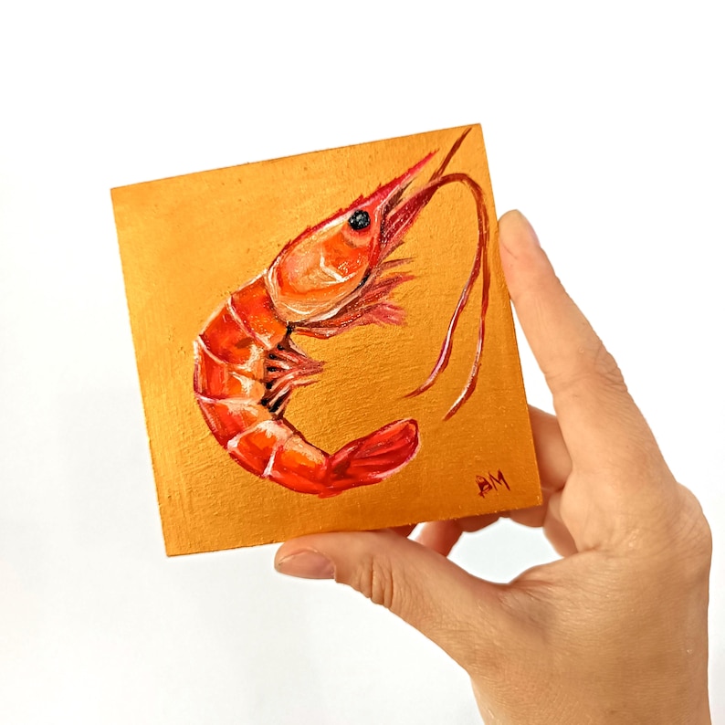 Miniature Oil Painting of a Shrimp on Gold Background – 10x10 Cm ...