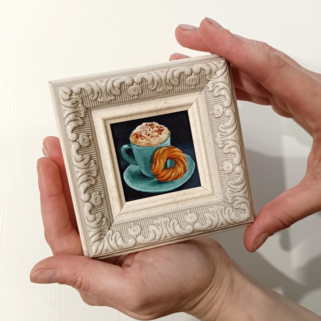 Cup of Coffee and Eclair Painting Original Painting 2x2 Inch Coffee ...
