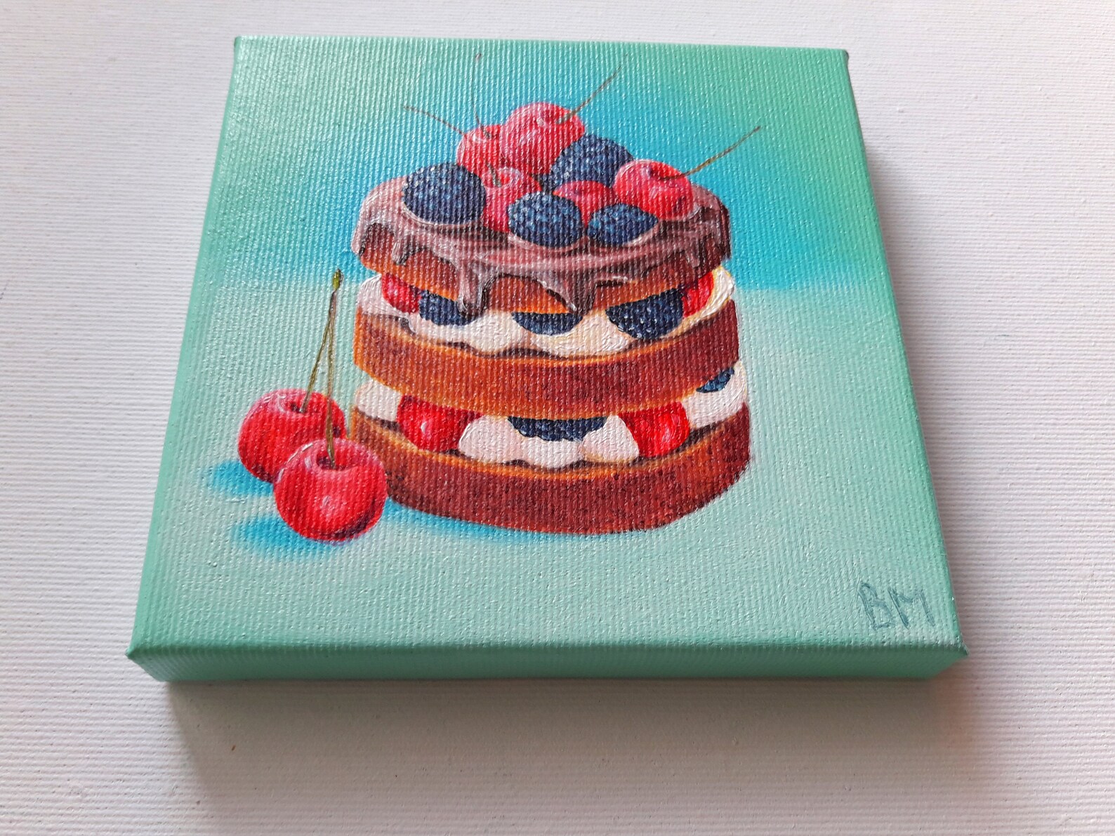Painting Chocolate Cake Berries Cherries Vanilla Cream Dessert - Etsy