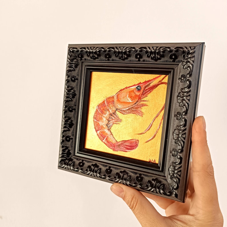 Miniature Oil Painting of a Shrimp on Gold Background – 10x10 Cm ...