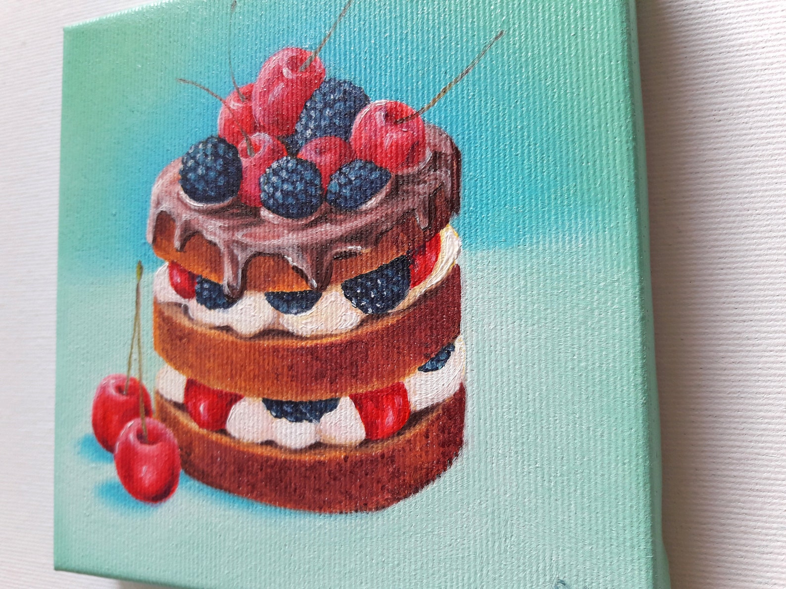 Painting Chocolate Cake Berries Cherries Vanilla Cream Dessert - Etsy