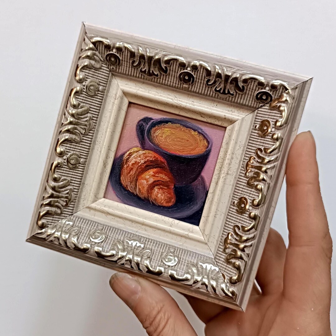 Croissant and Coffee Oil Painting: Framed Miniature Dessert Art (2x2 In ...