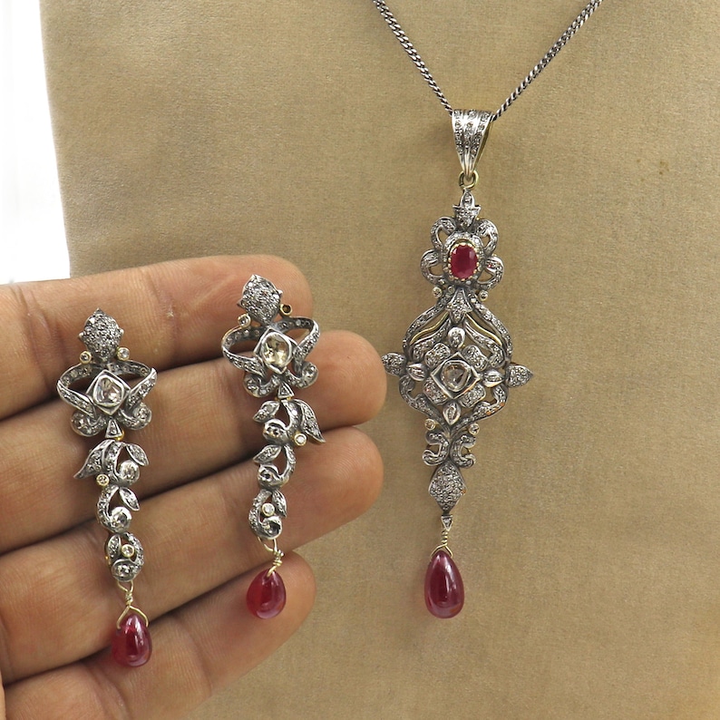 Buy 925 STERLING Silver/pendant Set/natural Diamond Polki and Ruby ...