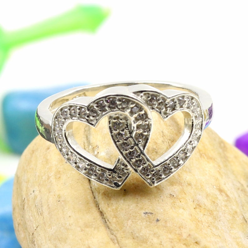 Buy Handmade Sterling Silver Double Heart Ring With White Zircons ...