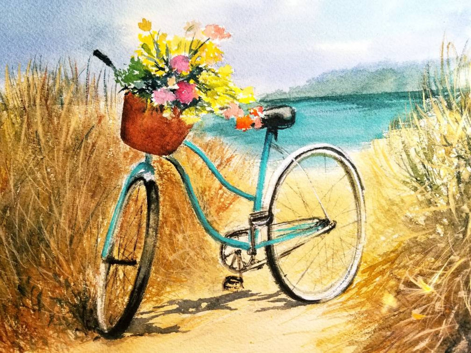 14" X 10" Bicycle Original Watercolor Painting Handmade Art Wall Decor ...