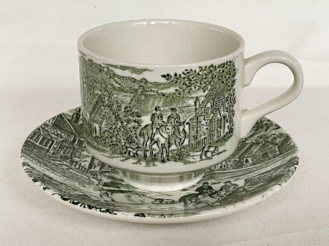 Vintage J. Broadhurst & Sons Teacup and Saucer Duo. Green Transferware. Village. Coffee - Etsy