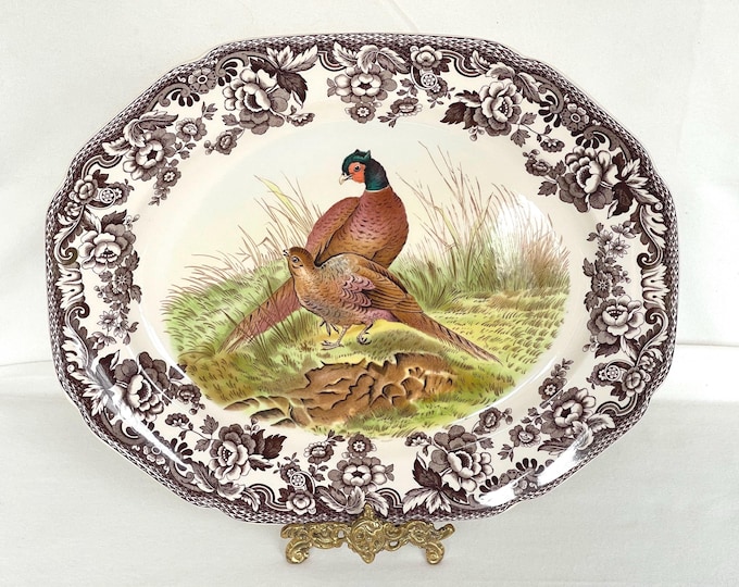 Spode Woodland Pheasant Platter: Brown Transferware Floral Border (37cm ...