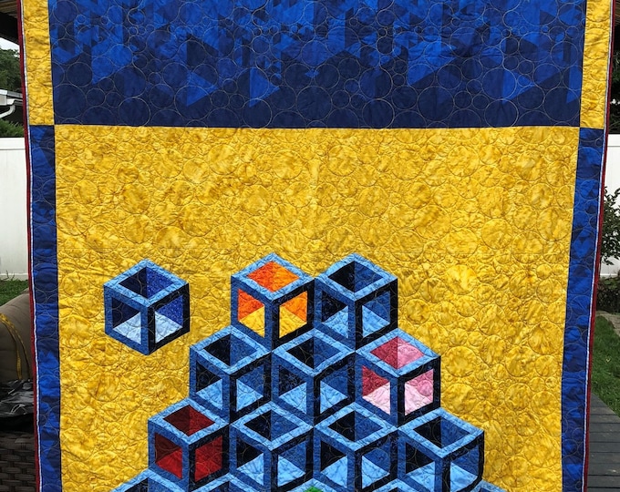 Modern Quilted Wall Hanging, Floating Cubes Art Quilt, Handmade Black ...