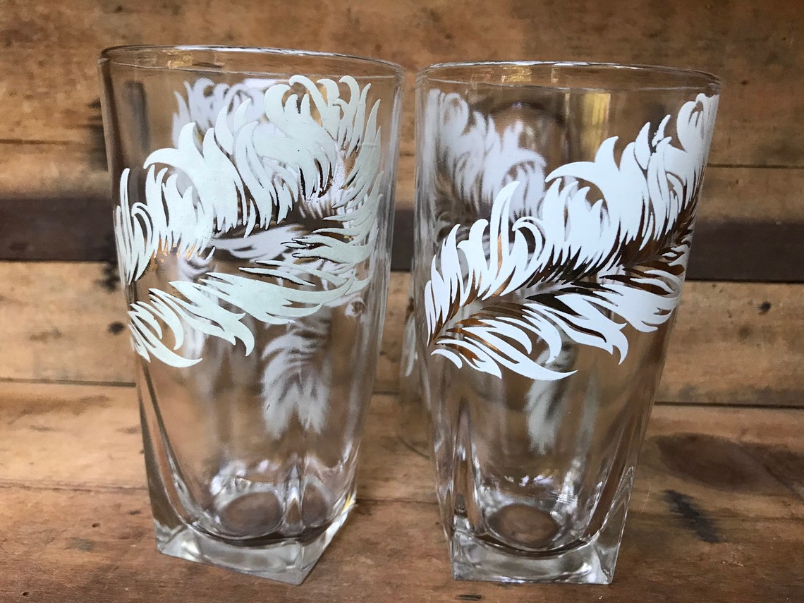 MCM Gold and White Feather Plume Tumblers | Square Base | Cocktail ...