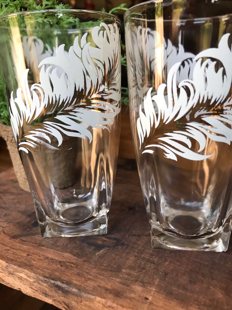 MCM Gold and White Feather Plume Tumblers | Square Base | Cocktail ...