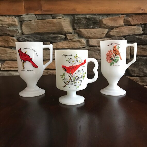 3 Cardinal Pedestal Coffee Mugs Milk Glass Rhododendron - Etsy