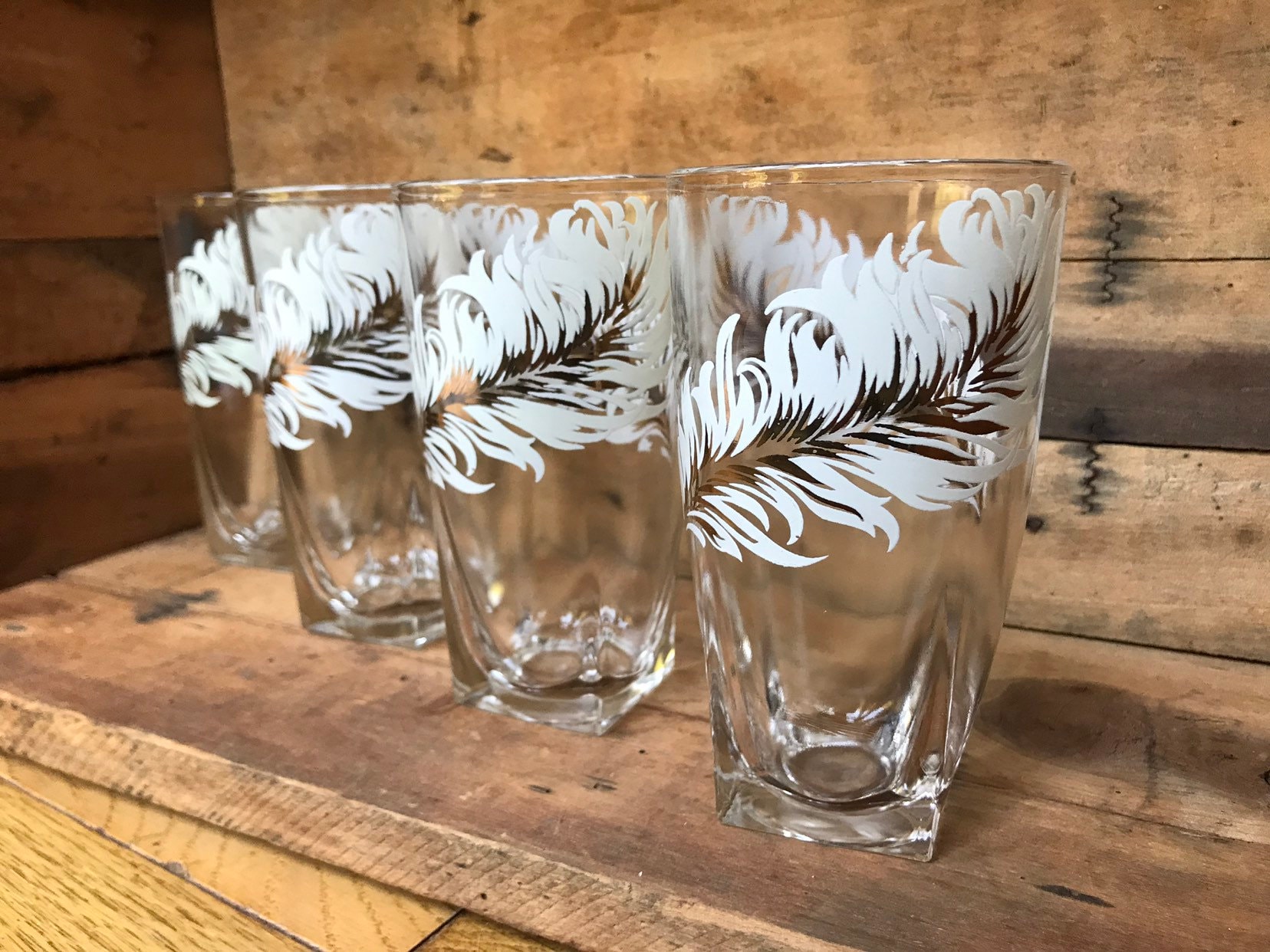 MCM Gold and White Feather Plume Tumblers | Square Base | Cocktail ...