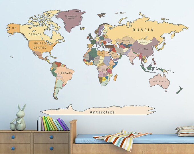 Multicolored World Map Decal Detailed Political World Map | Etsy