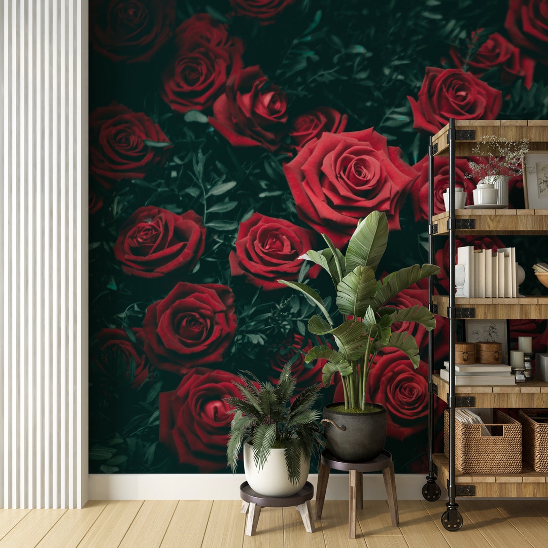 Dark Floral Wallpaper Peel and Stick / Traditional Roses Red Buds ...