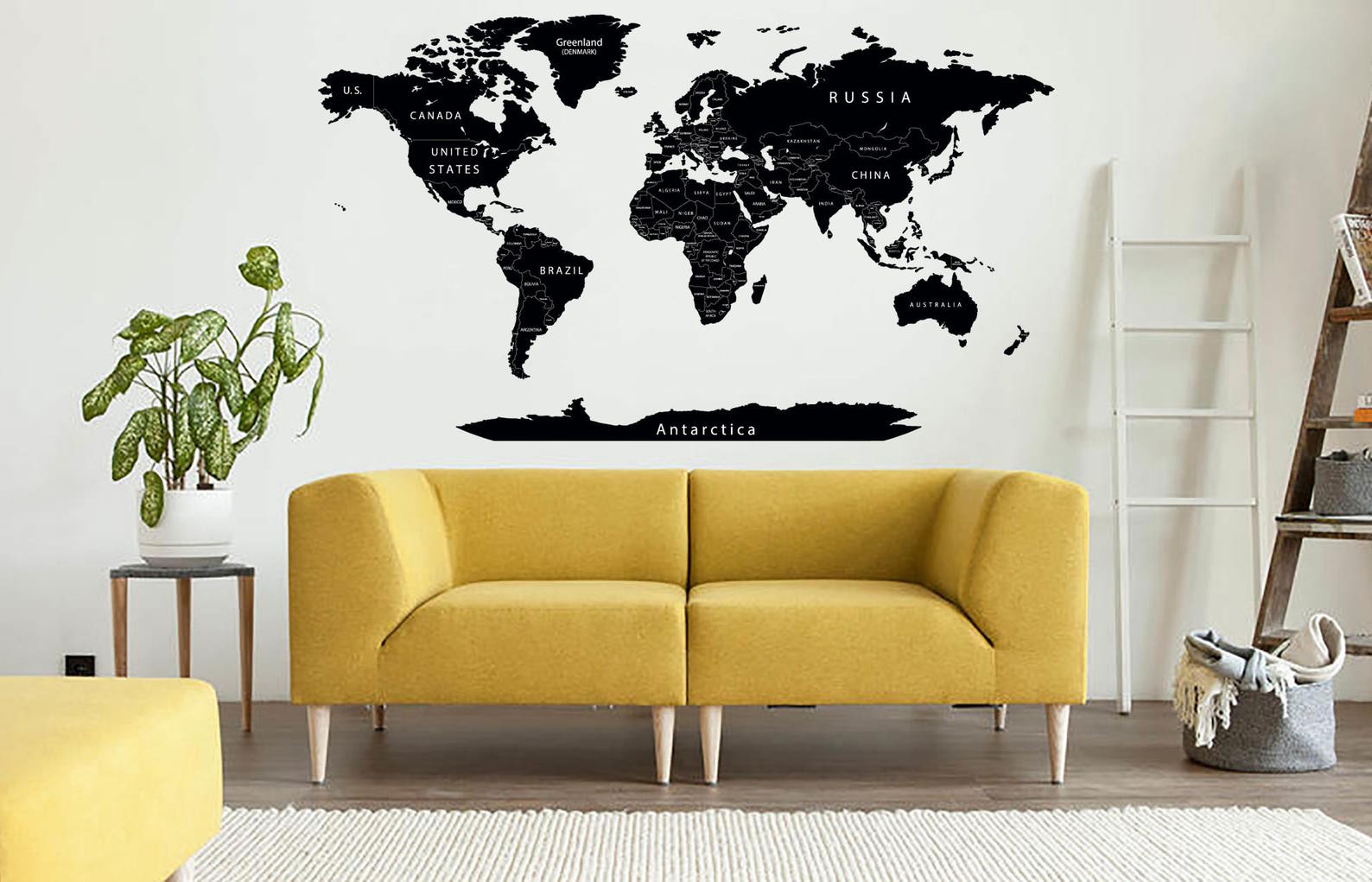 World Map Wall Decal Black World Map Detailed Political Map - Etsy