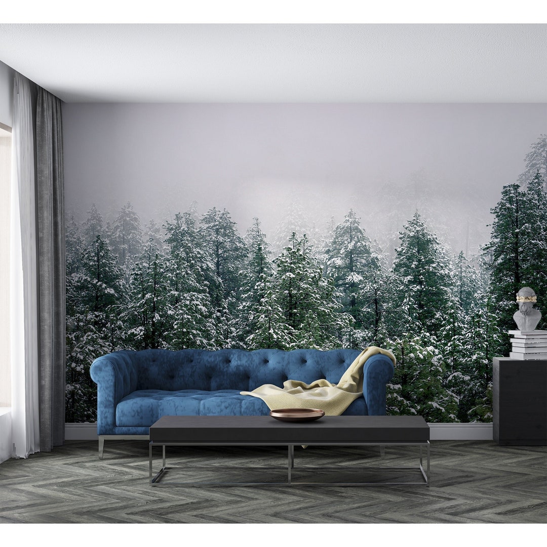 Freezing Winter Trees Forest Evergreen Wall Mural Wallpaper Peel and ...