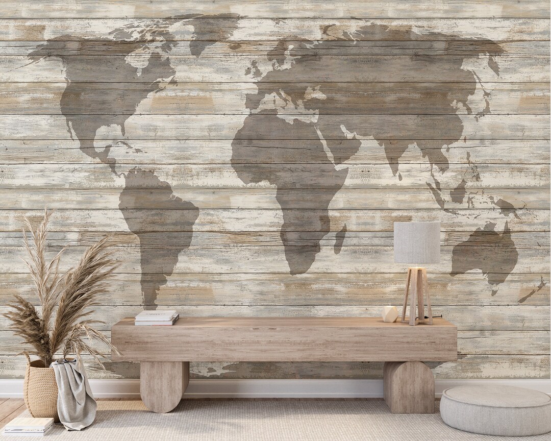 World Map Wall Mural Wallpaper Peel and Stick Distressed Barnwood ...