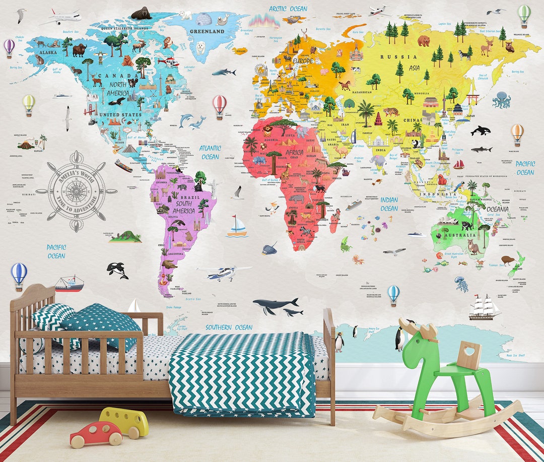 Kids World Map Wallpaper Peel and Stick Vinyl / Unpasted Wallpaper ...